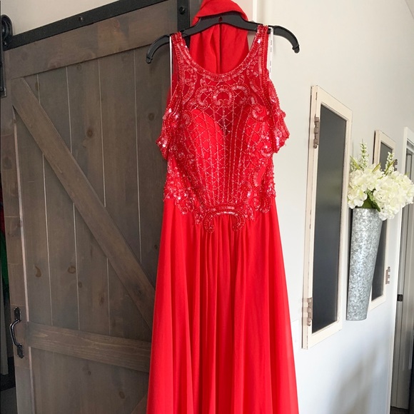 Dresses | Red Embellished Coldshoulder Long Prom Dress | Poshmark